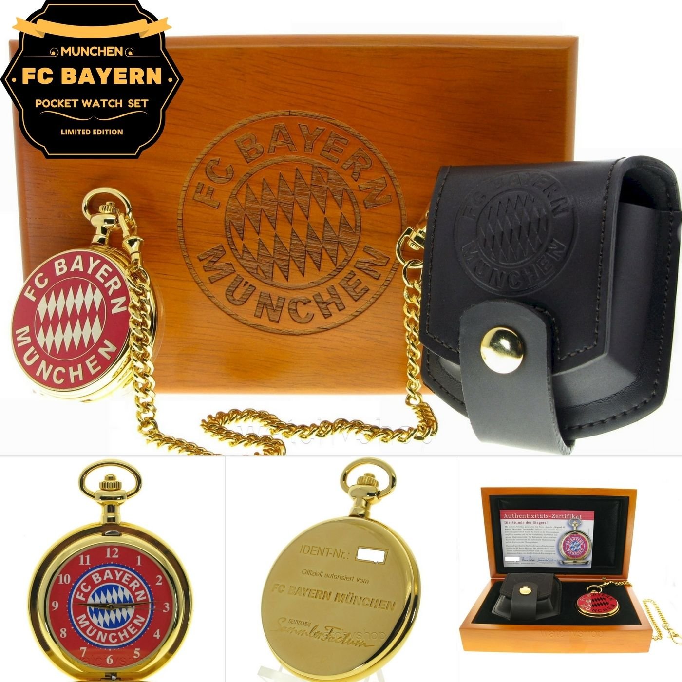 FC BAYERN MUNICH Pocket Watch Set Soccer Men Gift Leather Pouch Wood ...