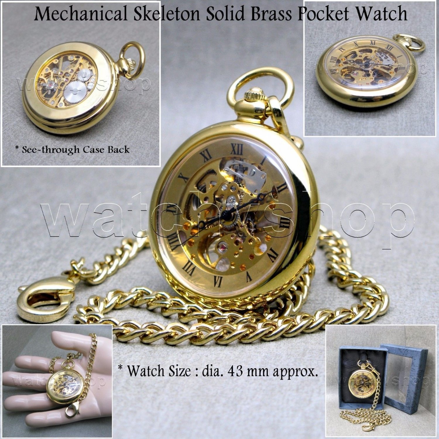 Mechanical Pocket Watch Gold Skeleton See-Through Back 43 MM with Fob ...
