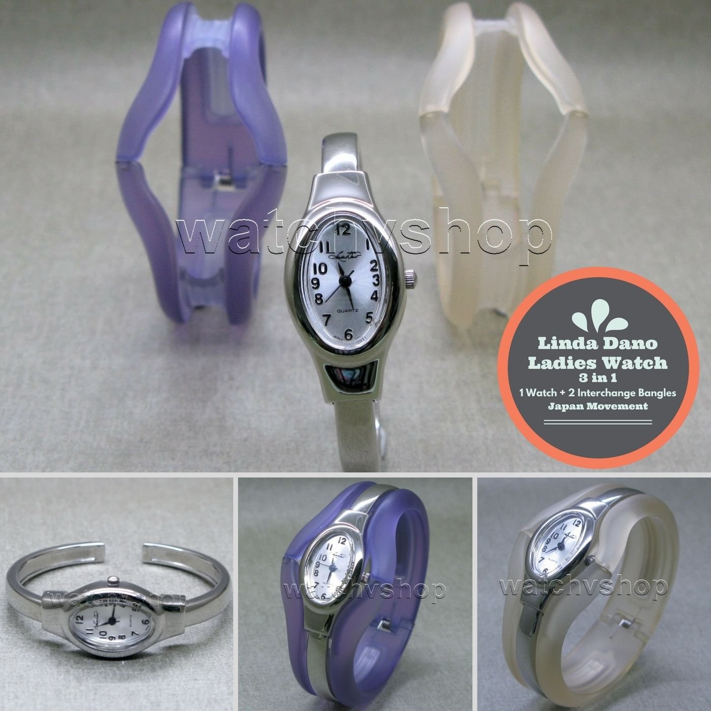 LINDA DANO Silver Women Wrist Watch Set + 2 Interchange Acrylic Bangle WL43