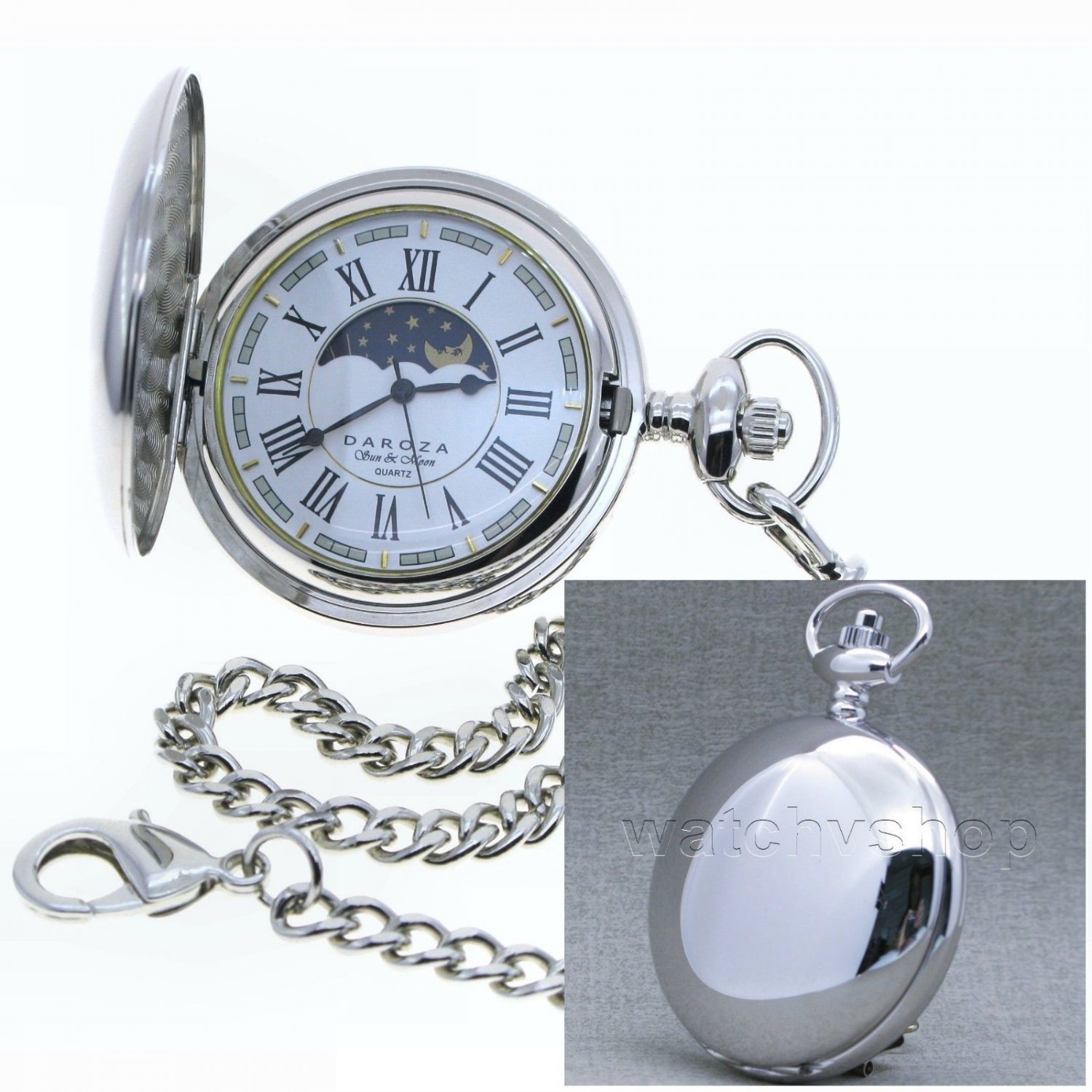 Silver Pocket Watch Moon Phase Brass 47 MM Japan Quartz Fob Chain Gift ...