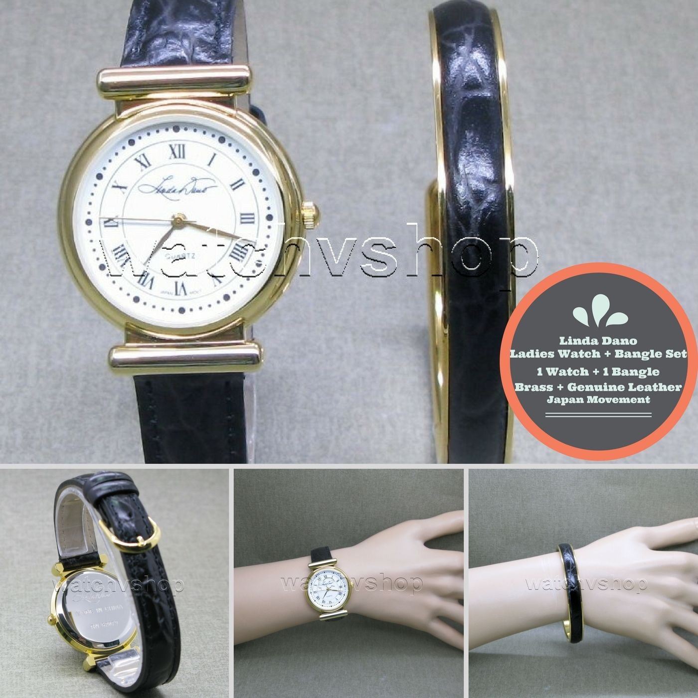 Linda Dano GOLD Women Watch Black Leather Strap + Black Leather Bangle ...