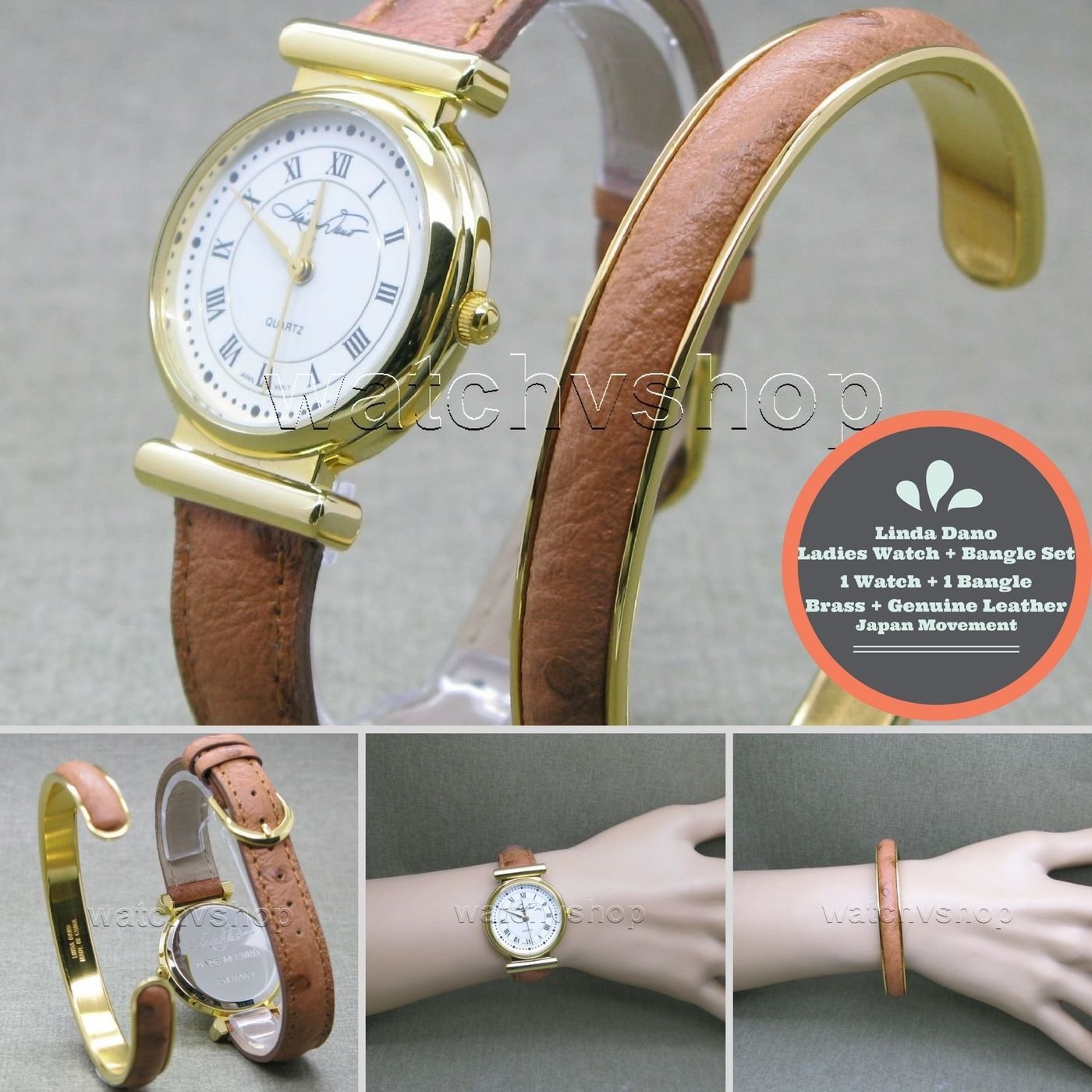 Linda Dano GOLD Women Watch with Matching Leather Bangle Japan Movement ...