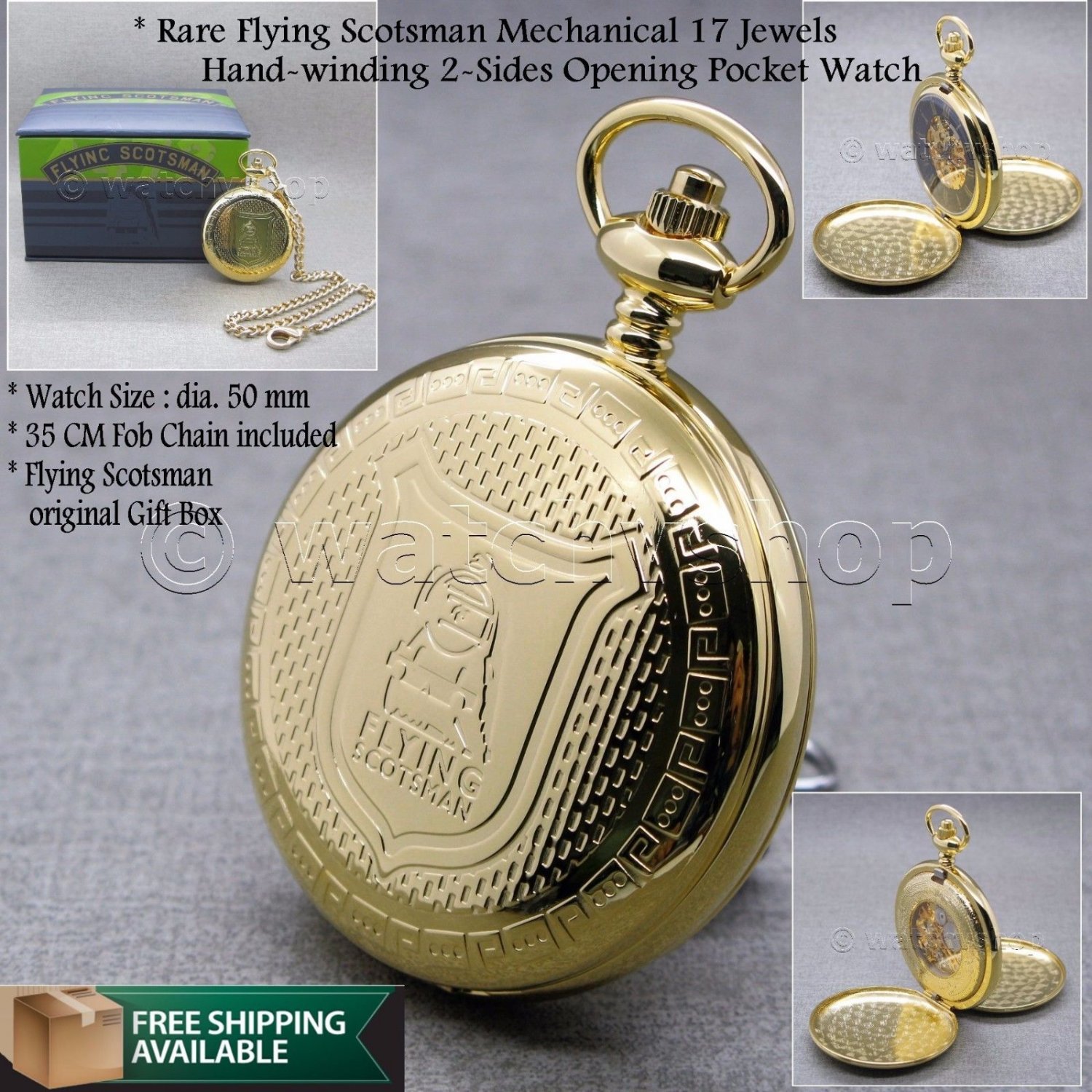 Gold Mechanical Pocket Watch FLYING SCOTSMAN Big XL 50 MM with Chain ...