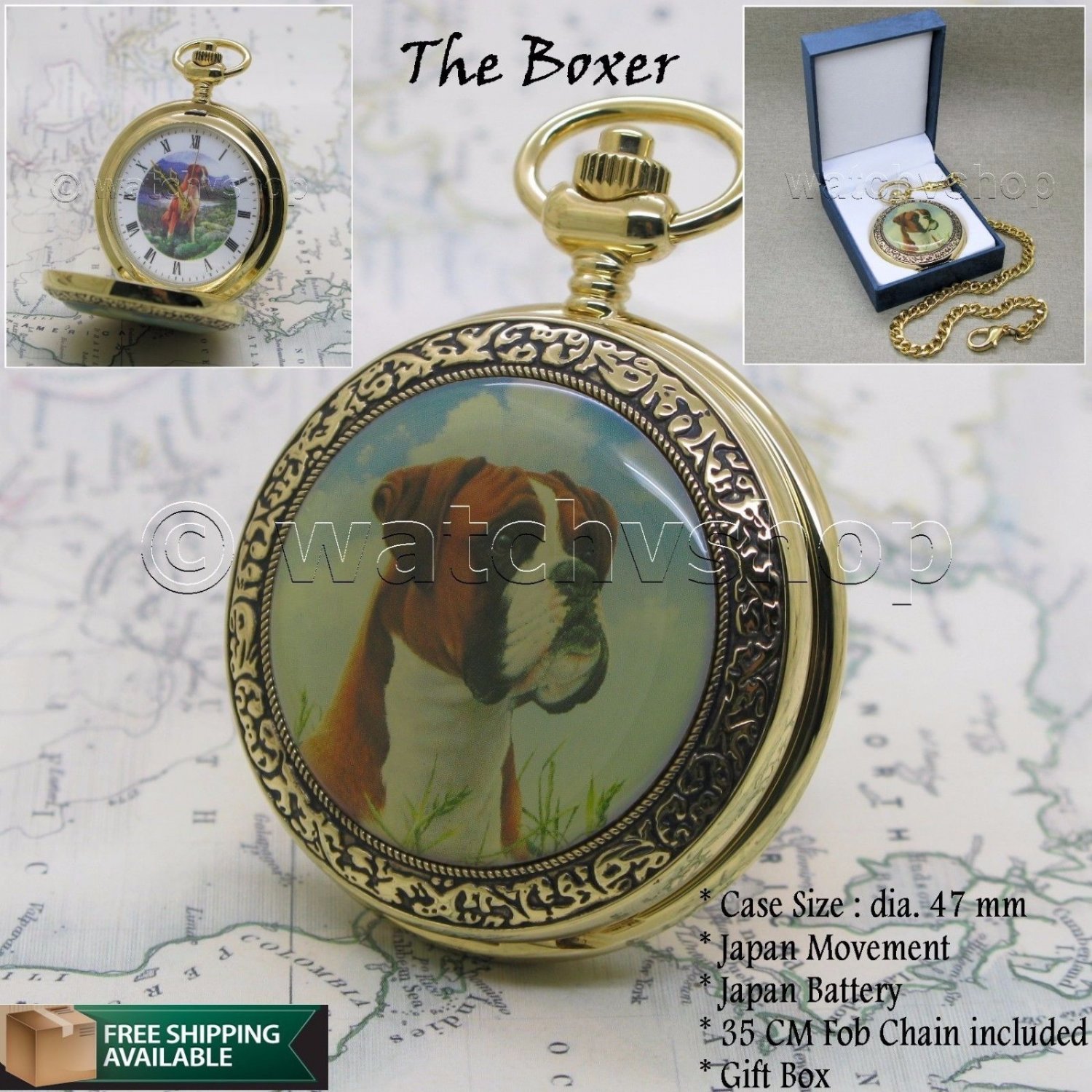 BOXER Pocket Watch 14K Gold Brass Case 47 MM Enamel Cover Gift Chain ...