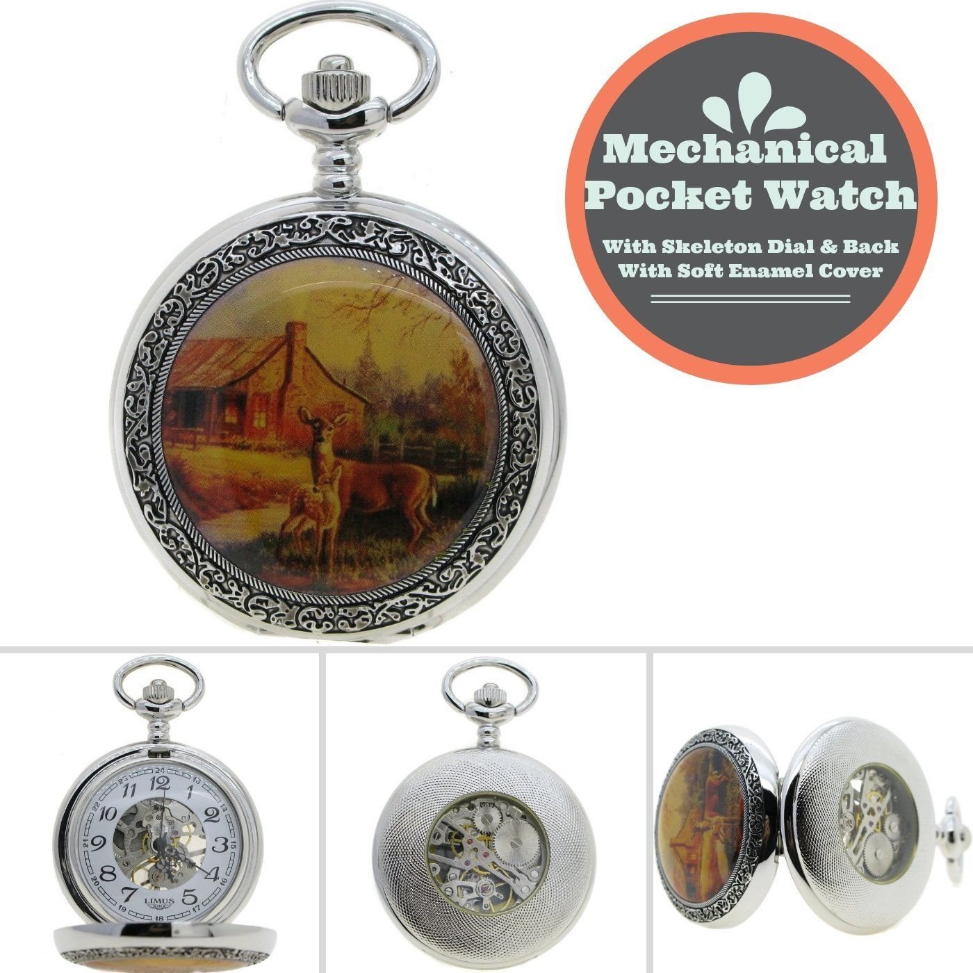 Mechanical Pocket Watch Skeleton See-through Dial Back Deer Enamel ...