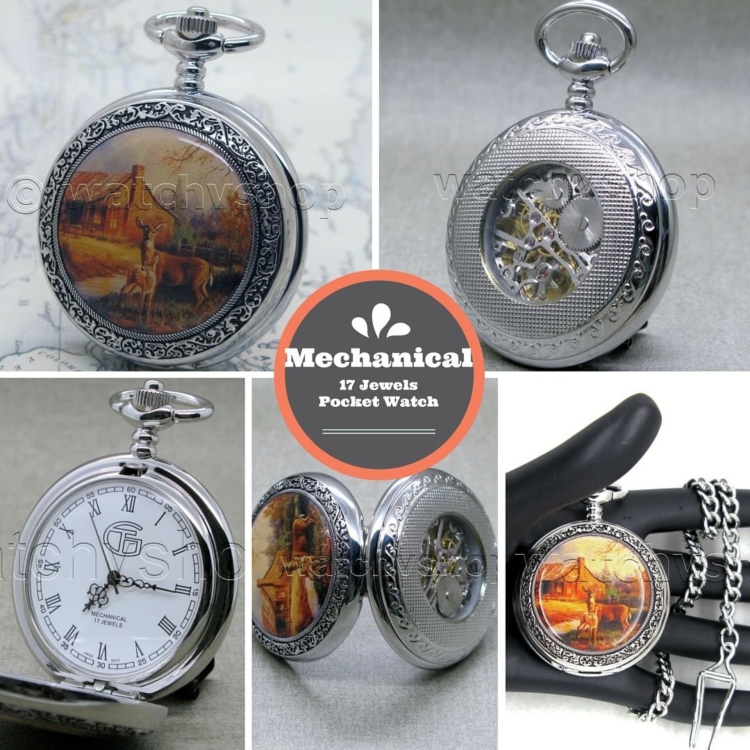 Mechanical Pocket Watch Skeleton See-through Back Deer Enamel Fob Chain ...