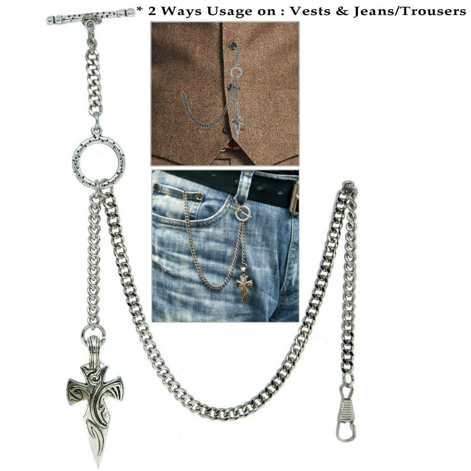 Albert Chain Pocket Watch Chain Silver Color 2 Ways Vest & Jean Fob T ...