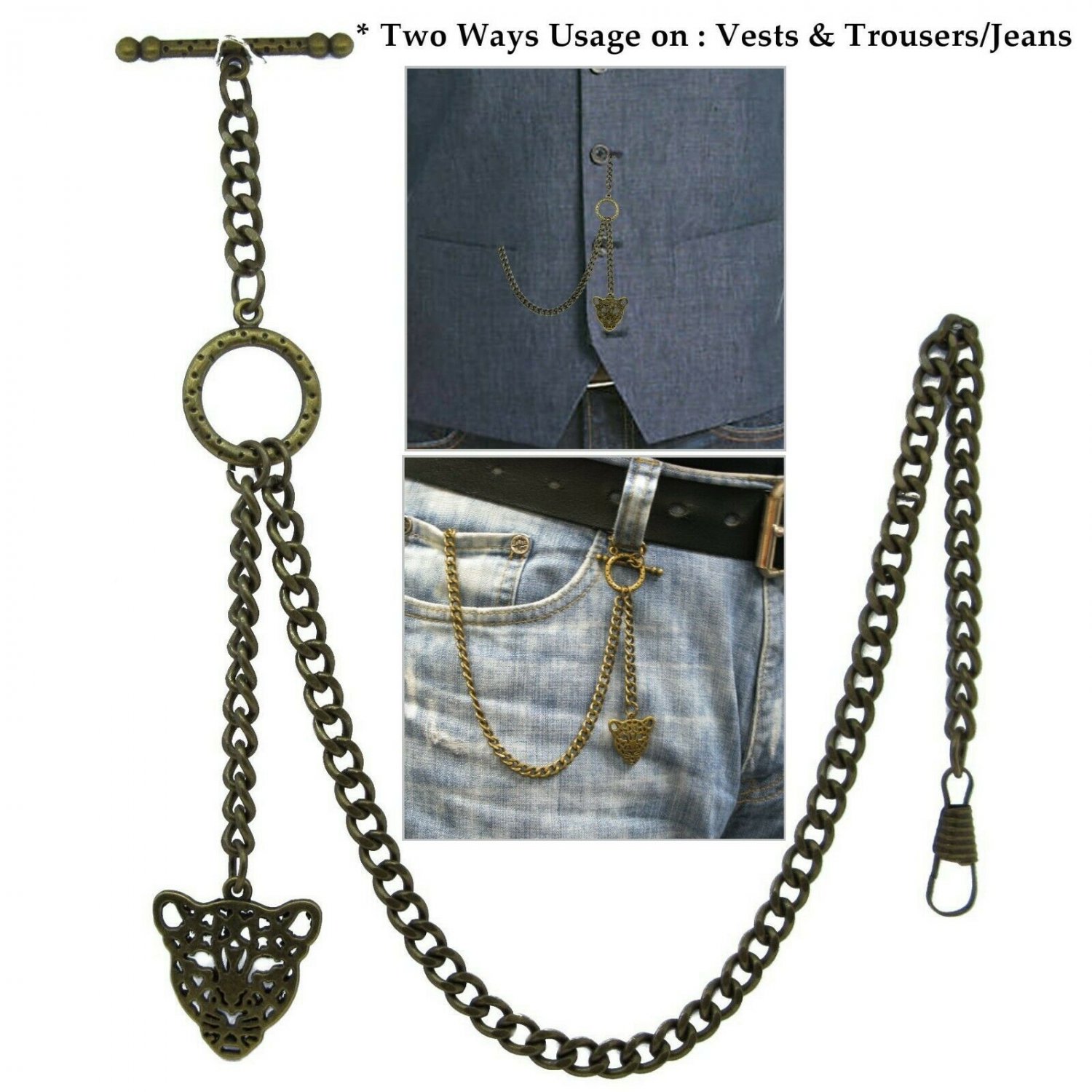 Albert Chain Pocket Watch Chain Brass Color 2 Ways Vests & Jeans Fob T ...