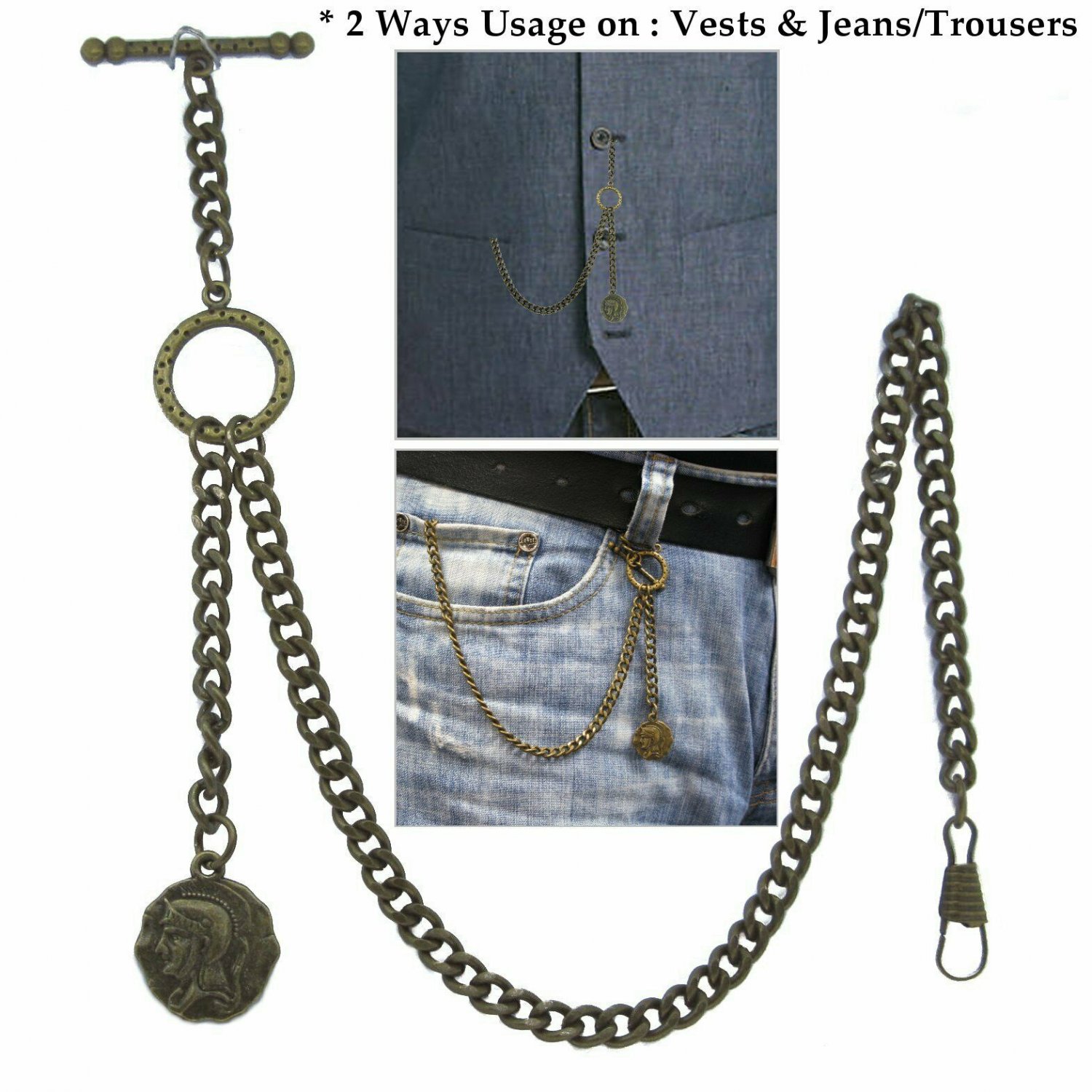 Albert Chain Pocket Watch Chain Brass Color 2 Ways Vests & Jeans Fob T ...