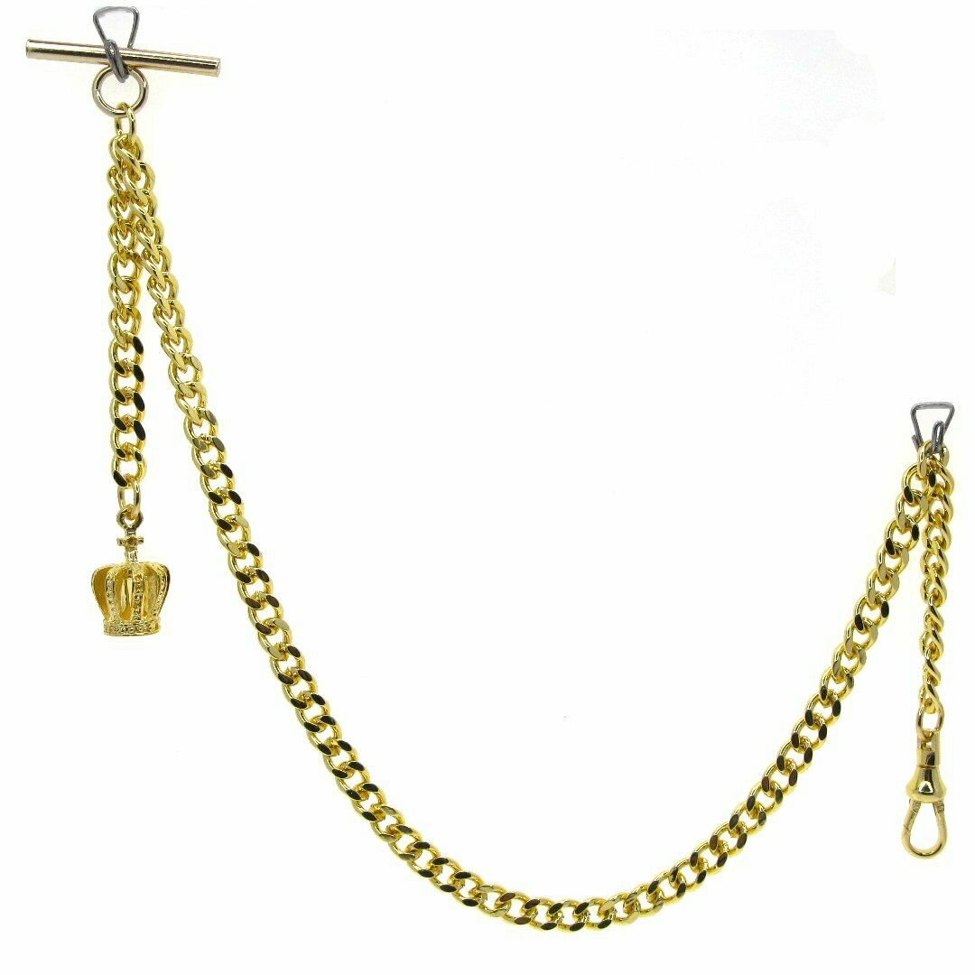 Albert Chain Pocket Watch Chain GOLD Tone Crown Design Fob T Bar Swivel ...