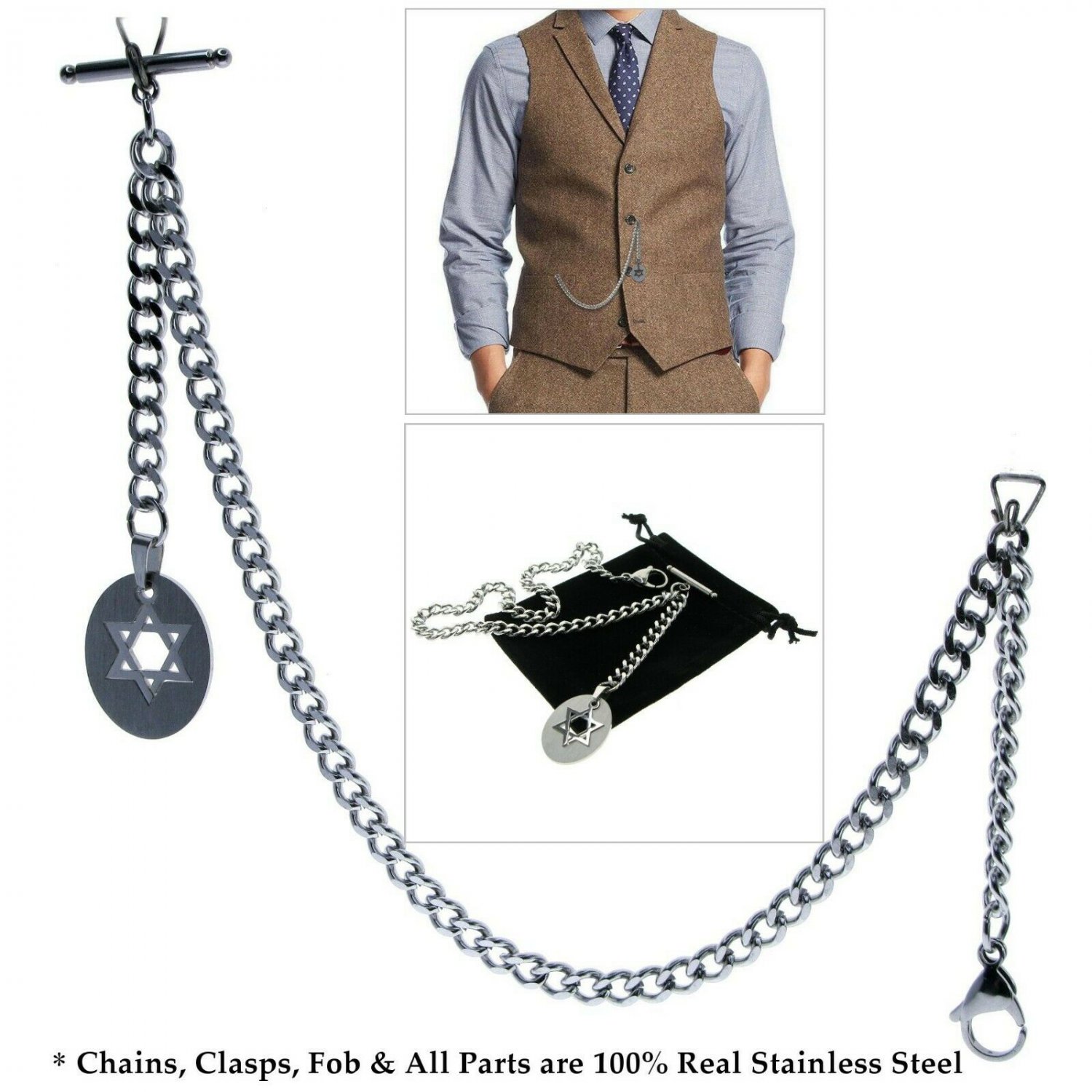 Steel Albert Chain Pocket Watch Chain Men Fob Chain T Bar Star Steel ...