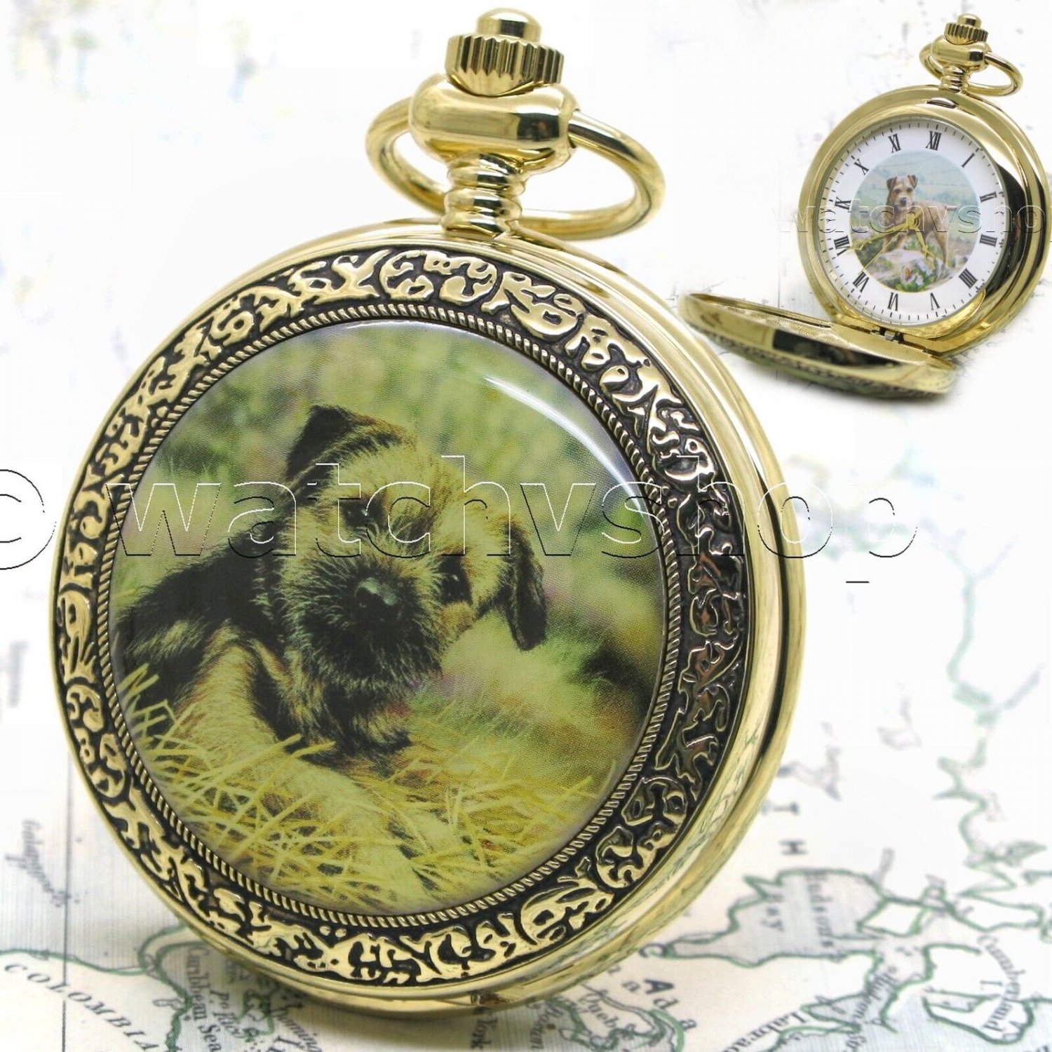 Pocket Watch 14K Gold Plated BORDER TERRIER Dog Design for Men with ...