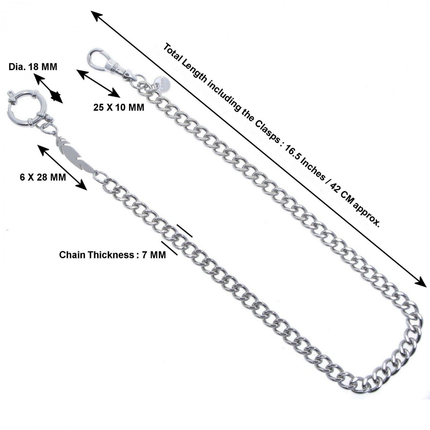 Stainless Steel Pocket Watch Chain Albert Chain Feather Design Fob ...