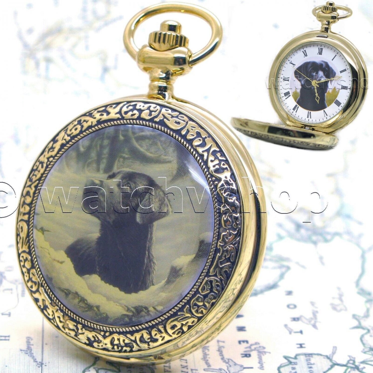 Pocket Watch 14K Gold Plated Brass 47 mm for Men BLACK LABRADOR with ...