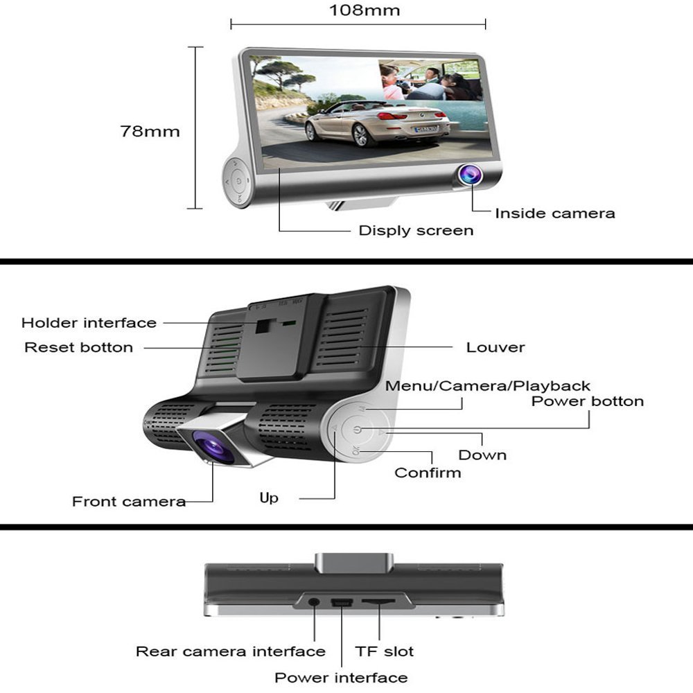 Car DVR Kit - 3 Cameras, G-Sensor, Loop Recording, Rear View Parking ...