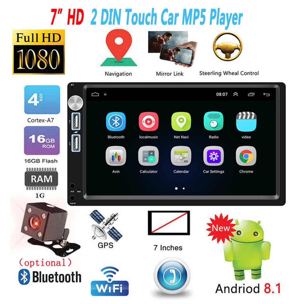 2 Din 7-inch Android 8.1 Car Radio, GPS, MP5 Player, BT, FM ...