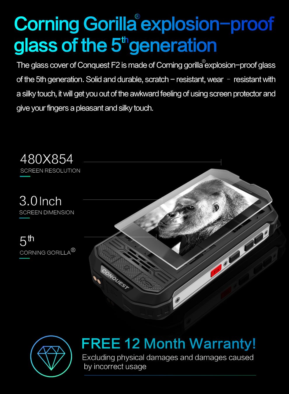 Conquest F2 Rugged Mini IP68 Android Smartphone 3GB + 32GB Standard Edition