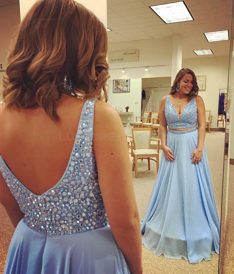 Long Blue Beaded Plus Size Prom Evening Party Dresses E0657