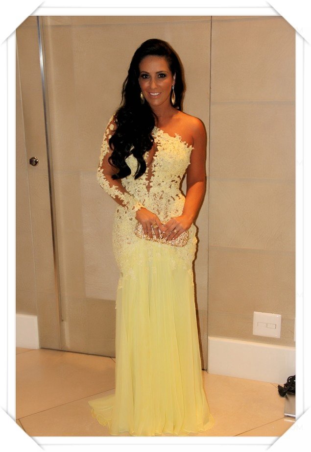 One Sleeve Long Yellow Lace Appliques See Through Prom Evening Formal ...