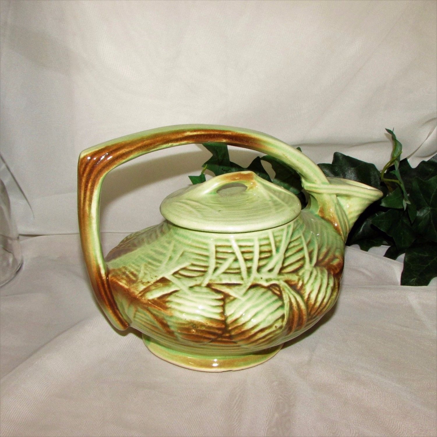McCOY PINE CONE ART POTTERY TEA SET GREEN BROWN VINTAGE USA 1940's TEAPOT