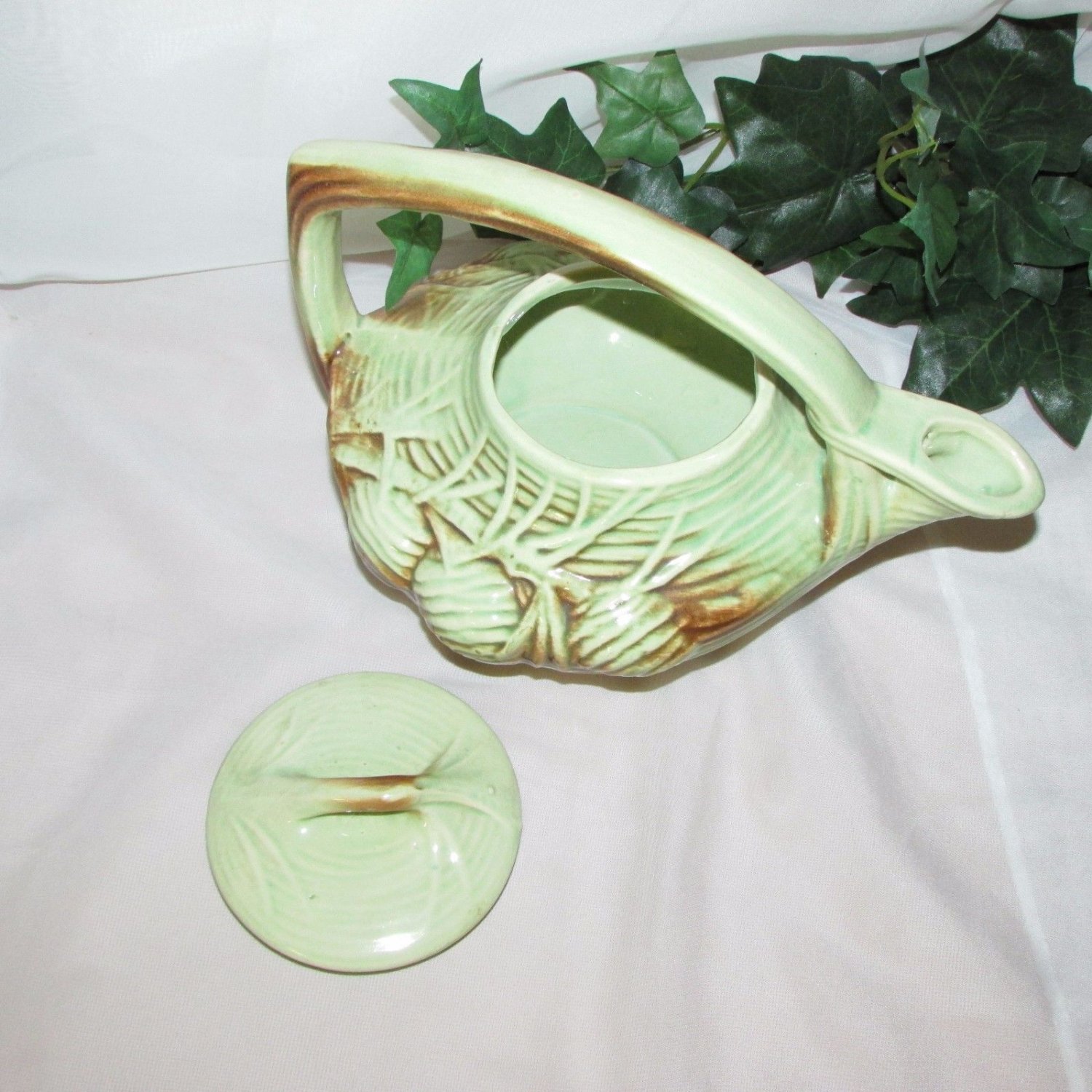 McCOY PINE CONE ART POTTERY TEA SET GREEN BROWN VINTAGE USA 1940's TEAPOT