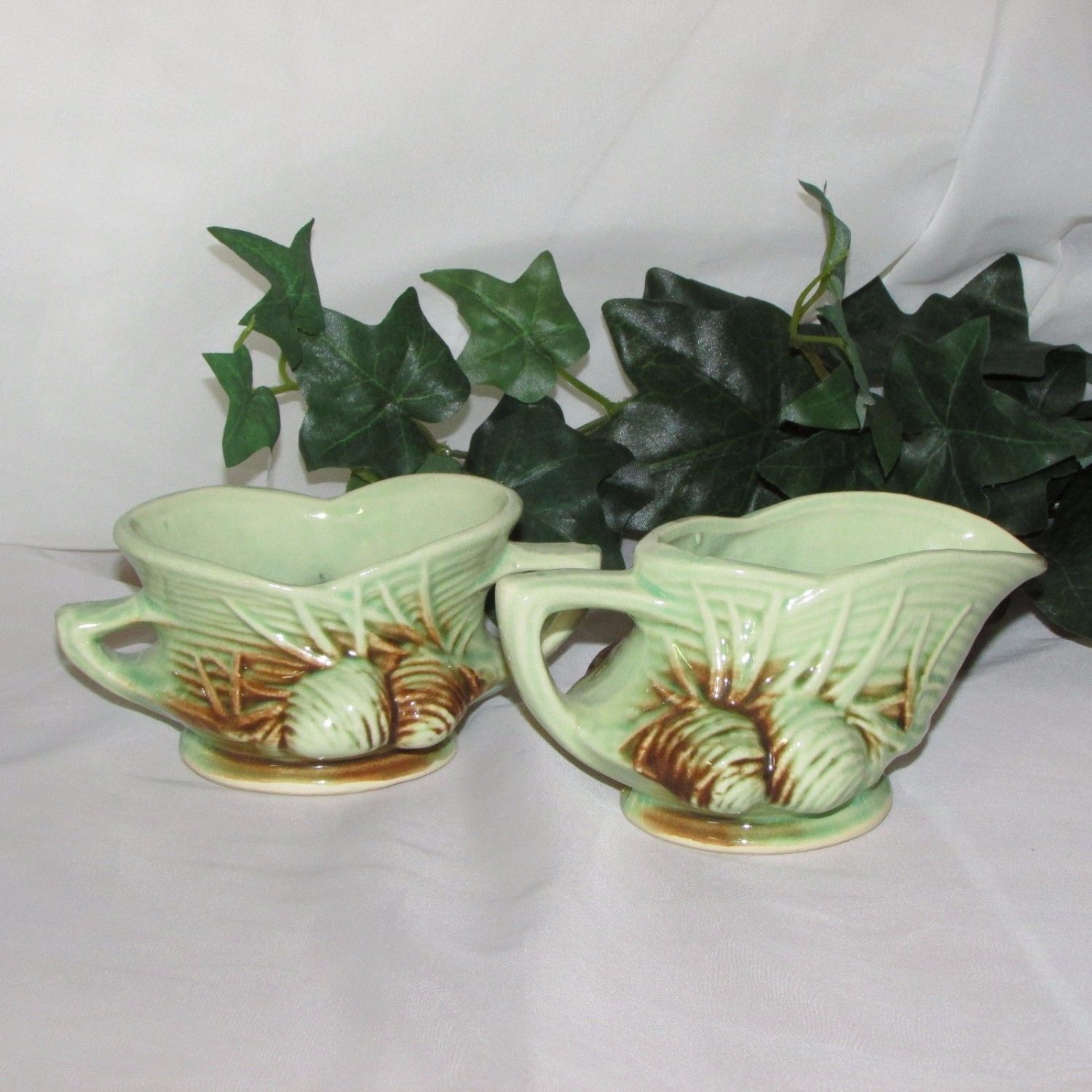 McCOY PINE CONE ART POTTERY TEA SET GREEN BROWN VINTAGE USA 1940's TEAPOT