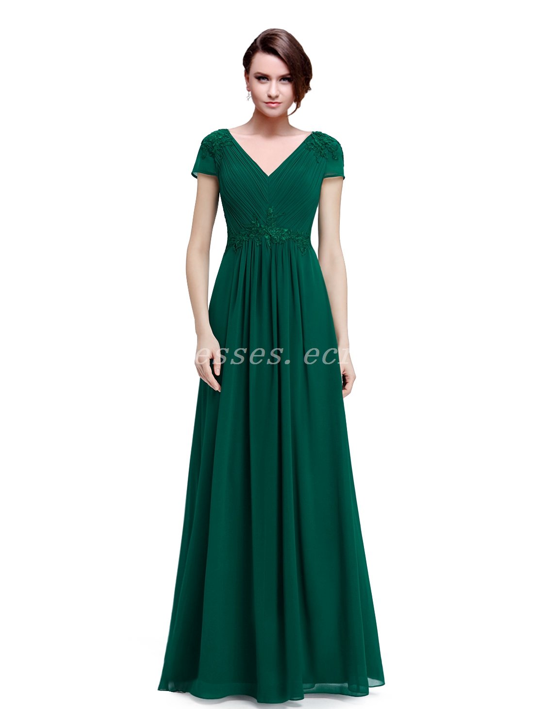 Short Sleeves V Neckline Forest Green Chiffon Mother Of The Bride Dress