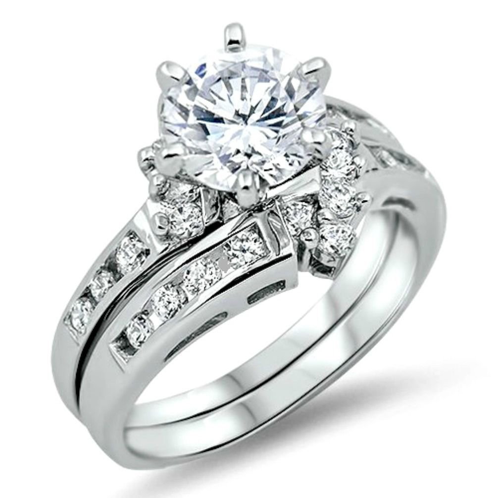 .925 Sterling Silver Wedding Set CZ Engagement Ring Ladies Bridal Size ...