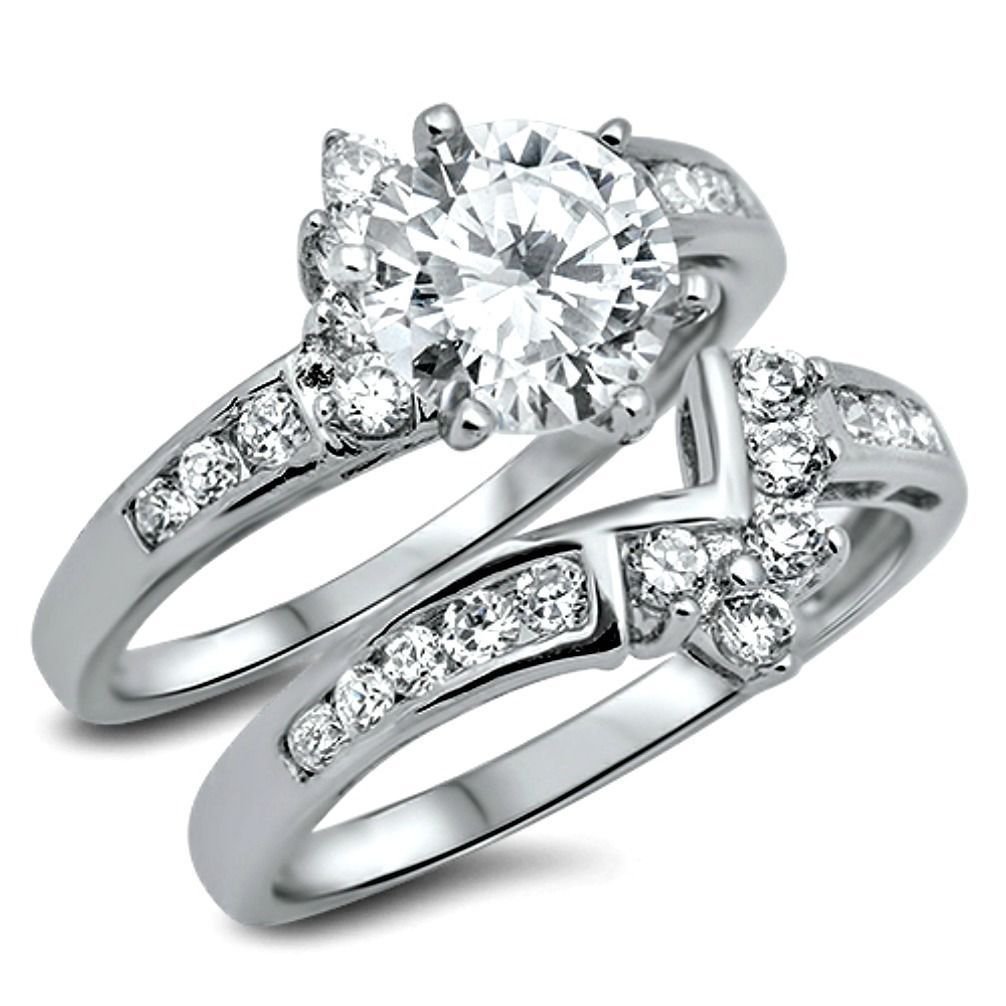 .925 Sterling Silver Wedding Set CZ Engagement Ring Ladies Bridal Size ...