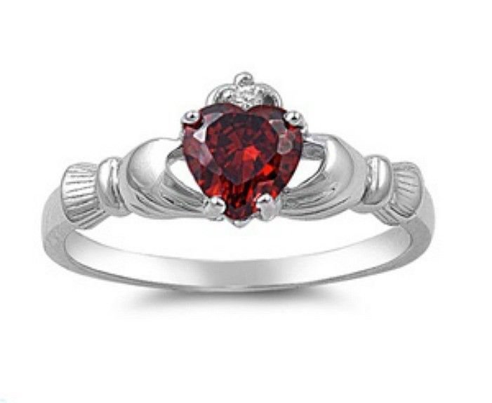 925 Sterling Silver Claddagh Ring CZ Heart Garnet Red Irish Size 12 New r06