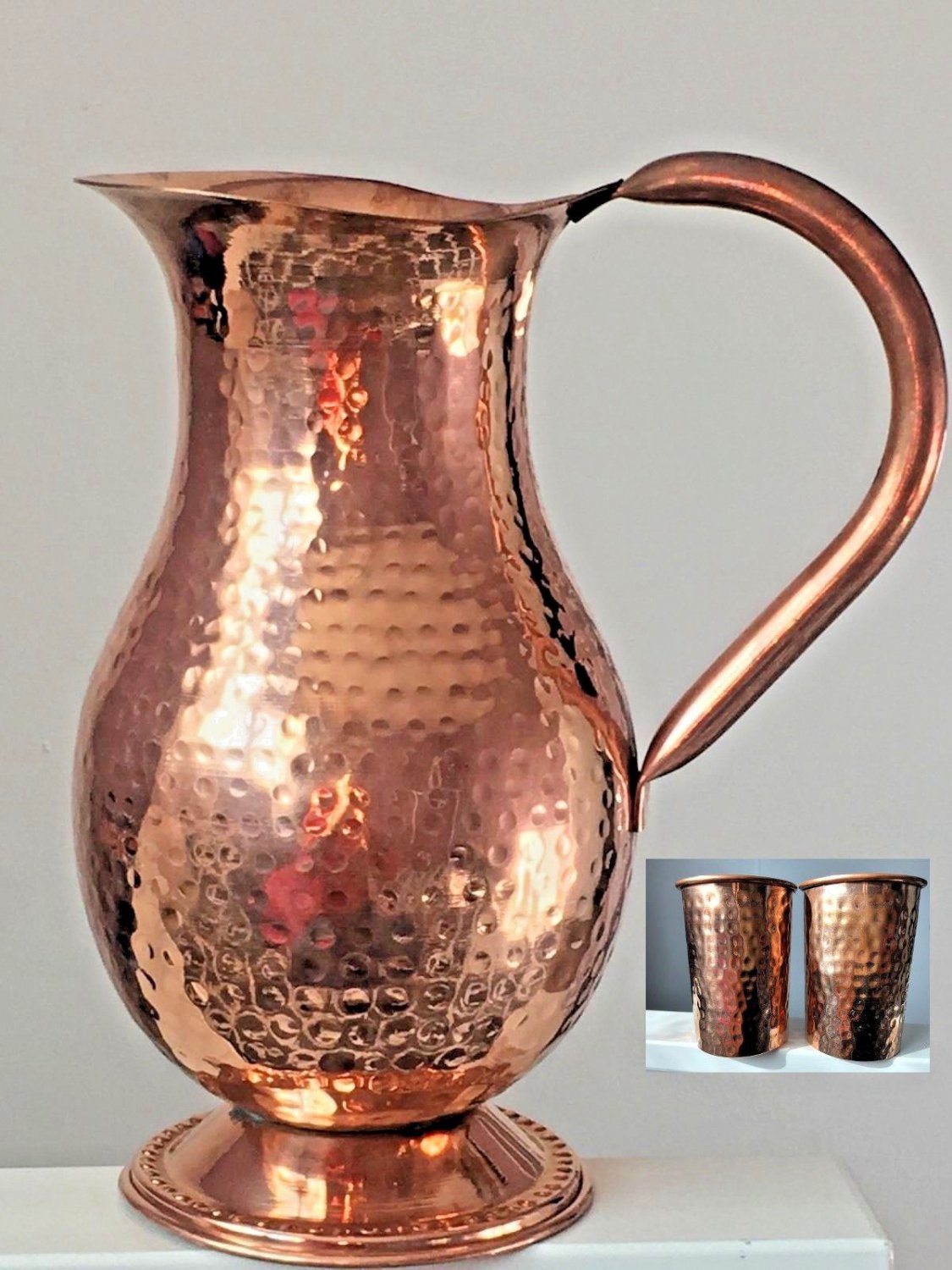 New Pure Copper (inside/ out) Water Jug Pitcher 50 oz / 1.5 ltr w 2 ...