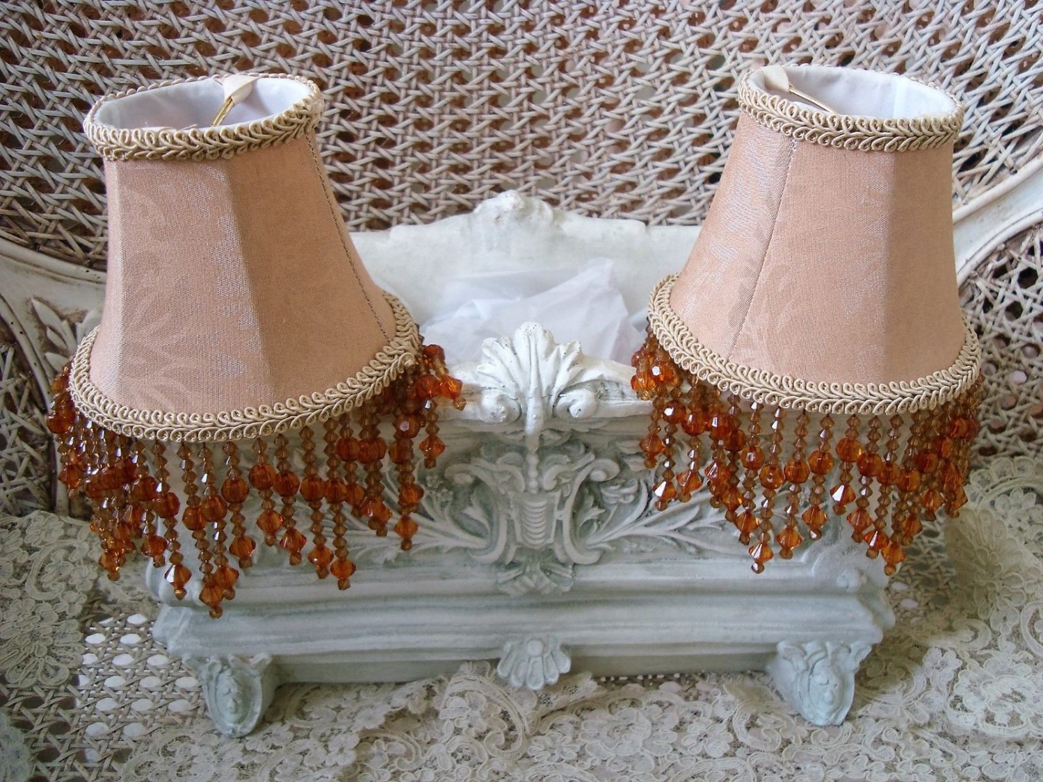 SET OF 2 PRETTY 4" TALL MINI BEADED LAMP SHADES ****BEAUTIFUL****