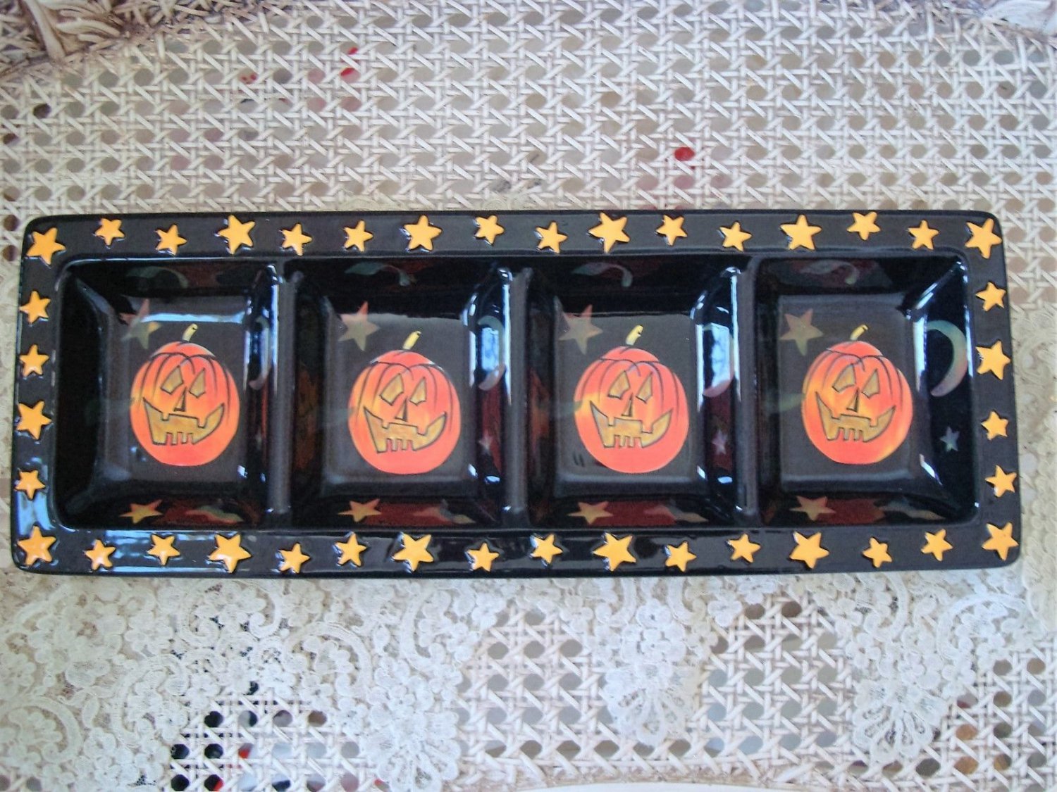 SUSAN WINGET HALLOWEEN CERAMIC LARGE DISH COMPARTMENTS PUMPKINS JACK O ...