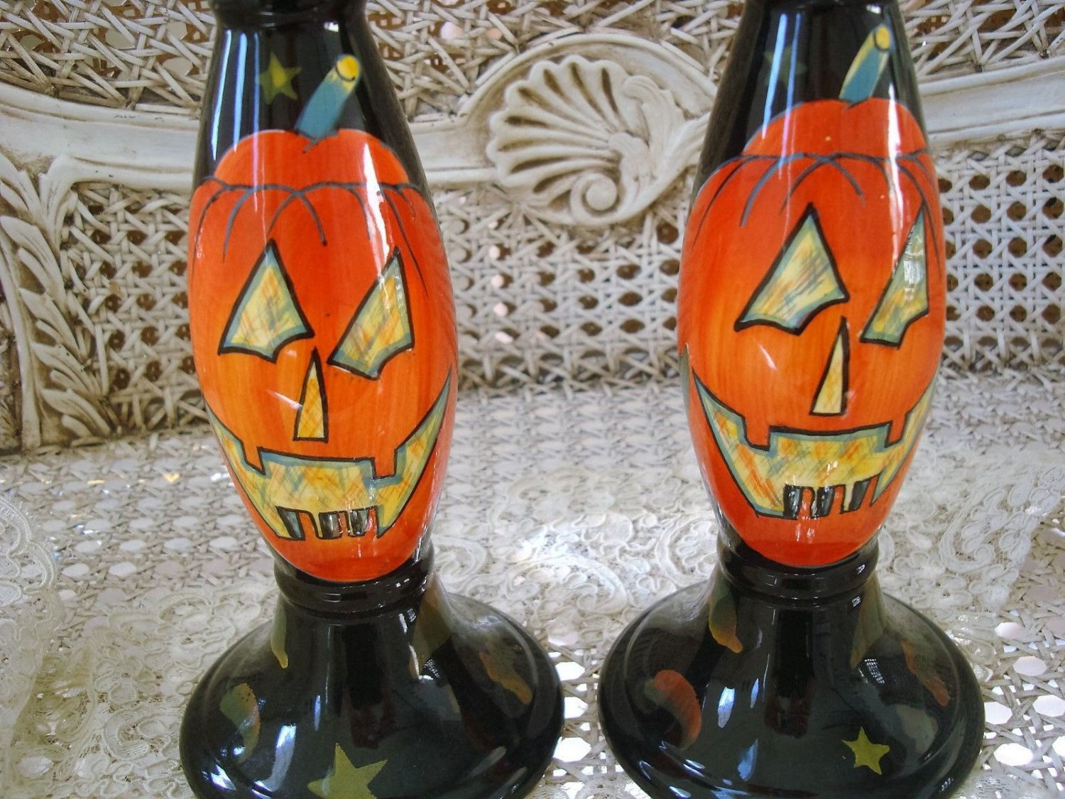 SUSAN WINGET HALLOWEEN PUMPKIN CANDLE HOLDERS **SET OF 2**