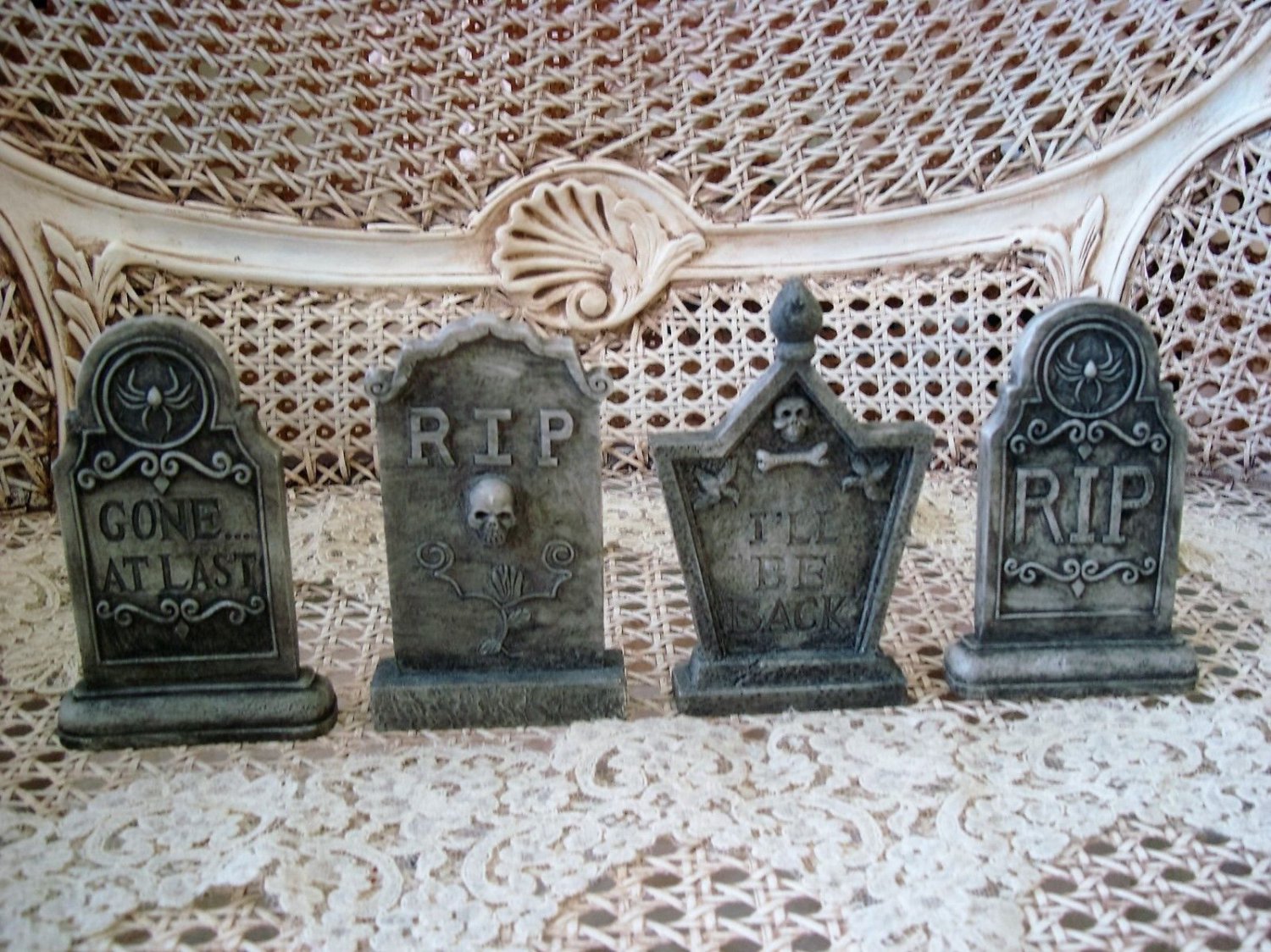 FOUR GOTHIC VICTORIAN STYLE SPOOKY HALLOWEEN TOMBSTONES RIP CEMETERY ...
