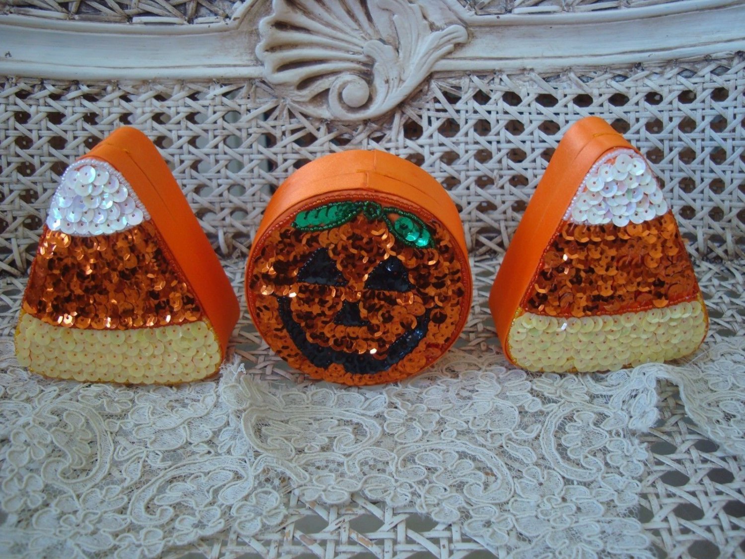 SET OF 3 HALLOWEEN SEQUIN TRINKET BOXES 2 CANDY CORN & 1 PUMPKIN ...