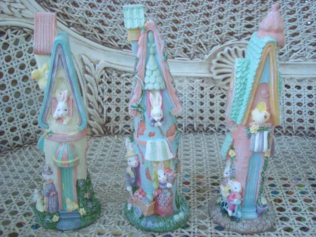 SET OF 3 TALL EASTER VILLAGE HOUSES WITH EASTER BUNNIES ***ADORABLE***