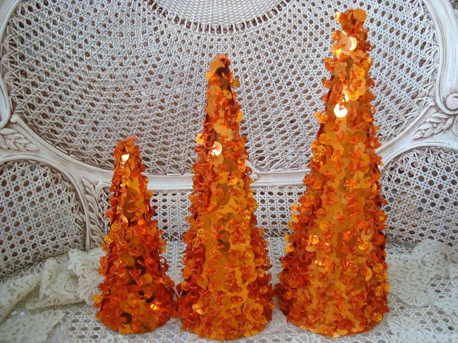 SET OF 3 HALLOWEEN TREES COVERED WITH ORANGE PUMPKIN SEQUINS & BEADING ...