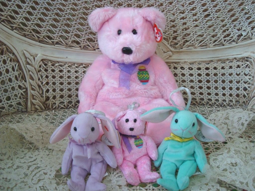SET OF 1 EASTER TY BEANIE BUDDY BEAR & 3 MINI TY BASKET BEANIE ORNAMENTS