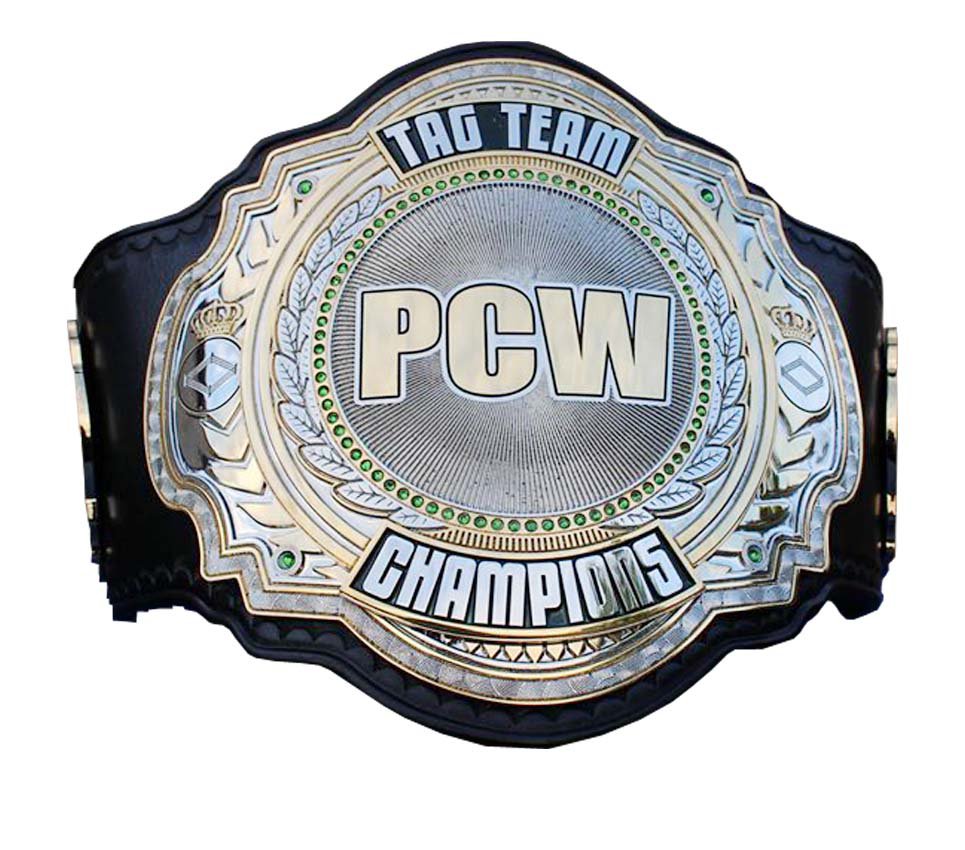 Pcw Tag Team Wrestling Championship 3d Dual Plated Nickle Belt Black Leather Strap Adult Size