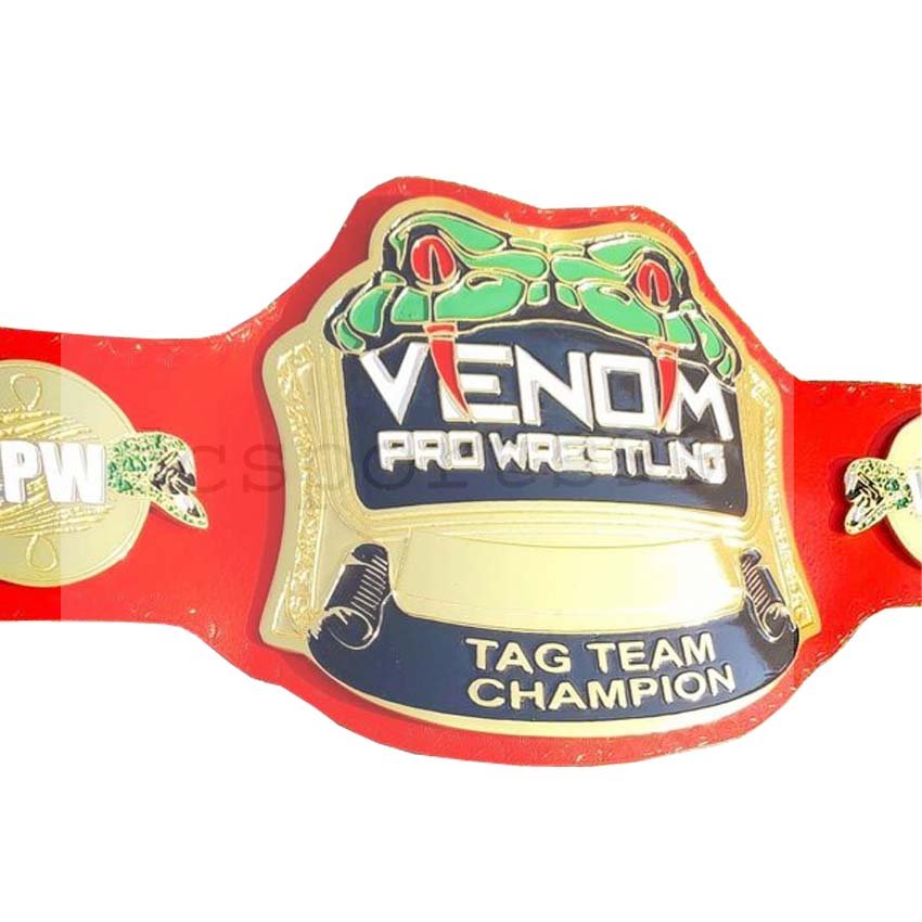VENOM PRO TAG TEAM WRESTLING CHAMPIONSHIP RED LEATHER STRAP BELT ADULT SIZE