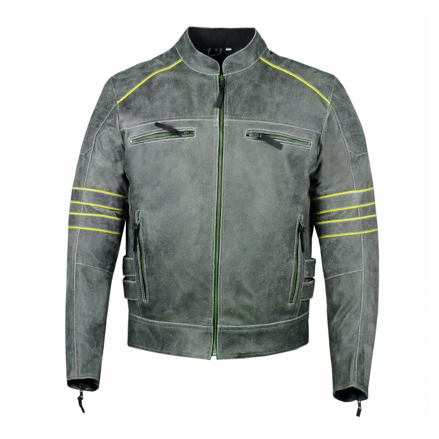 Men's Black Leather Jacket Motorcycle Yellow Piping Cafe Racer ...