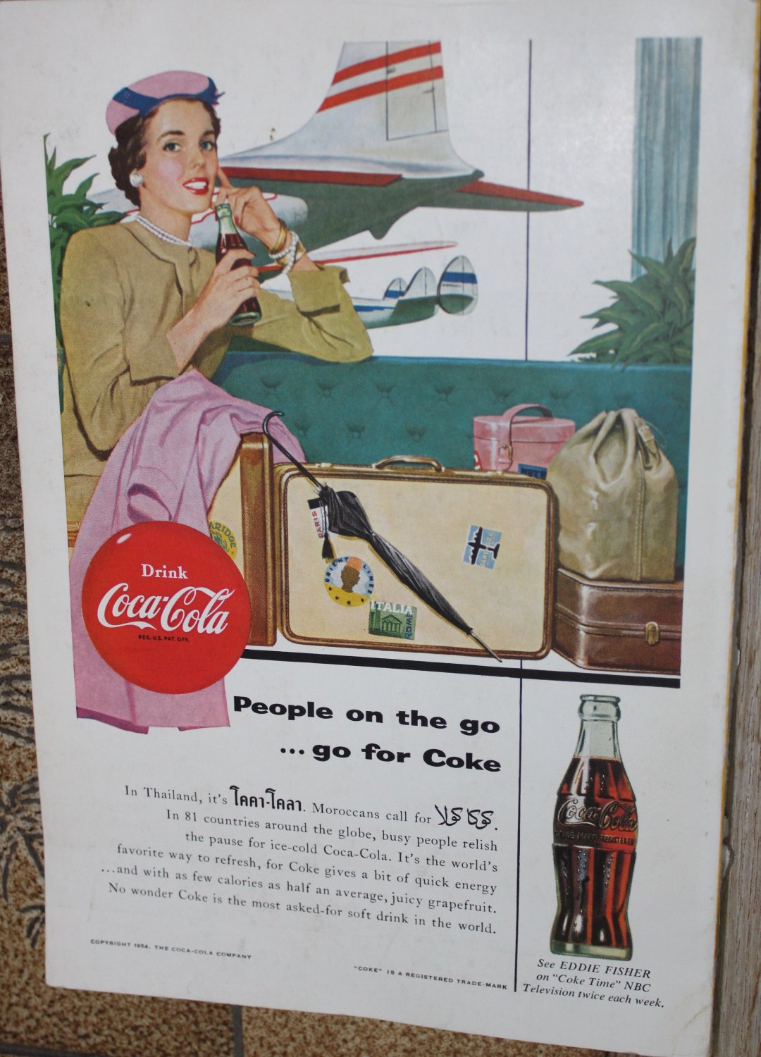 Vintage 1954 Coca-Cola Coke Print Ad Female Passenger Airplane Luggage
