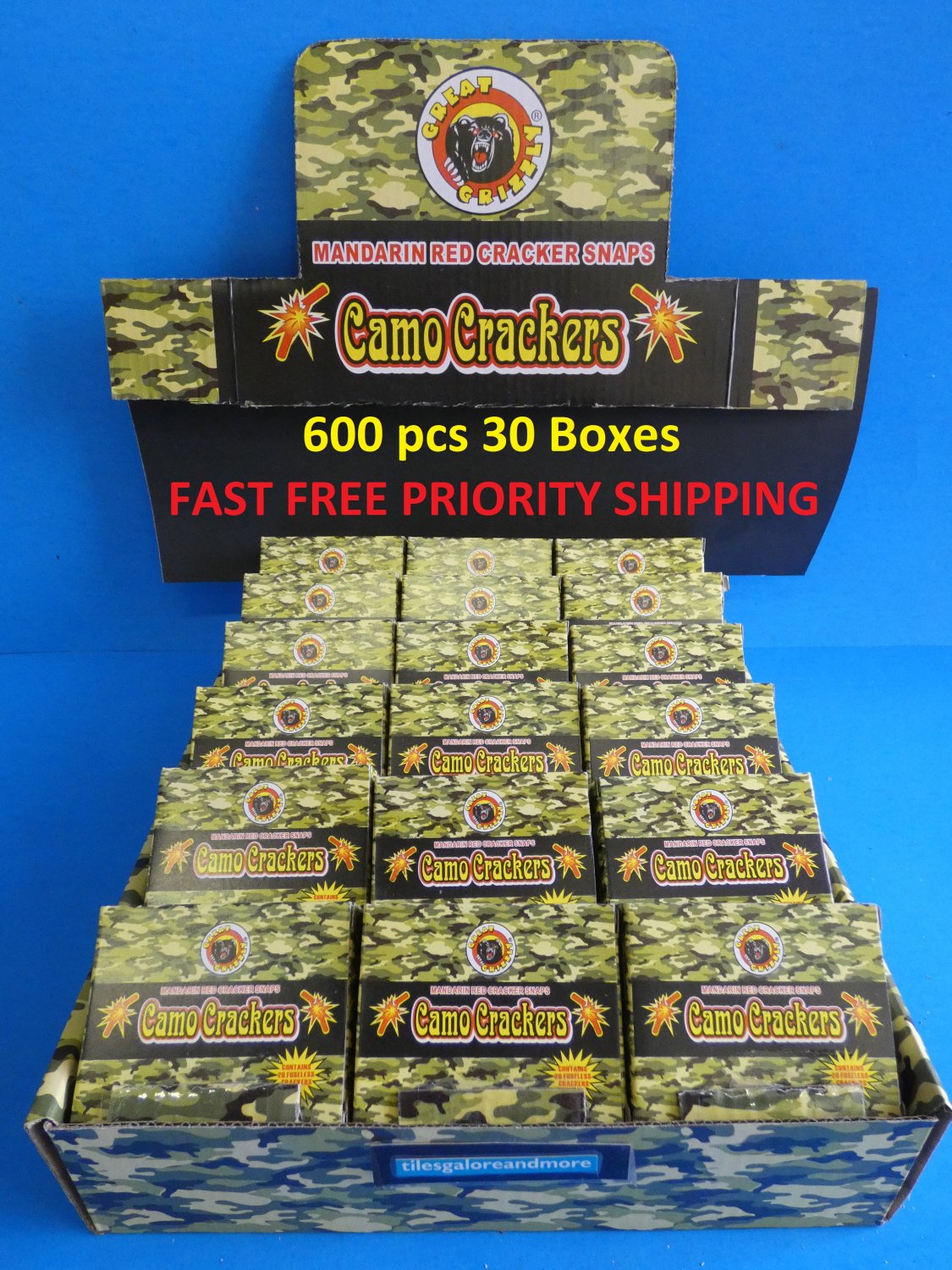 600 pc Grizzly CAMO CRACKERS Mandarin Adult Party Poppers 30 Boxes RED ...
