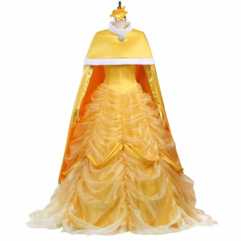 Yellow Princess Belle Cosplay Costume Dress With Cloak Custom Made For ...