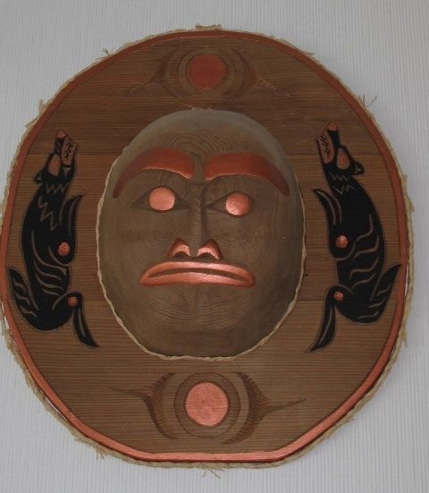 Coast Salish Cedar Mask 24" x 18" Signed by JOHN BEGLEY Moon Mask Copper