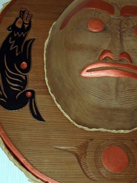 Coast Salish Cedar Mask 24" x 18" Signed by JOHN BEGLEY Moon Mask Copper