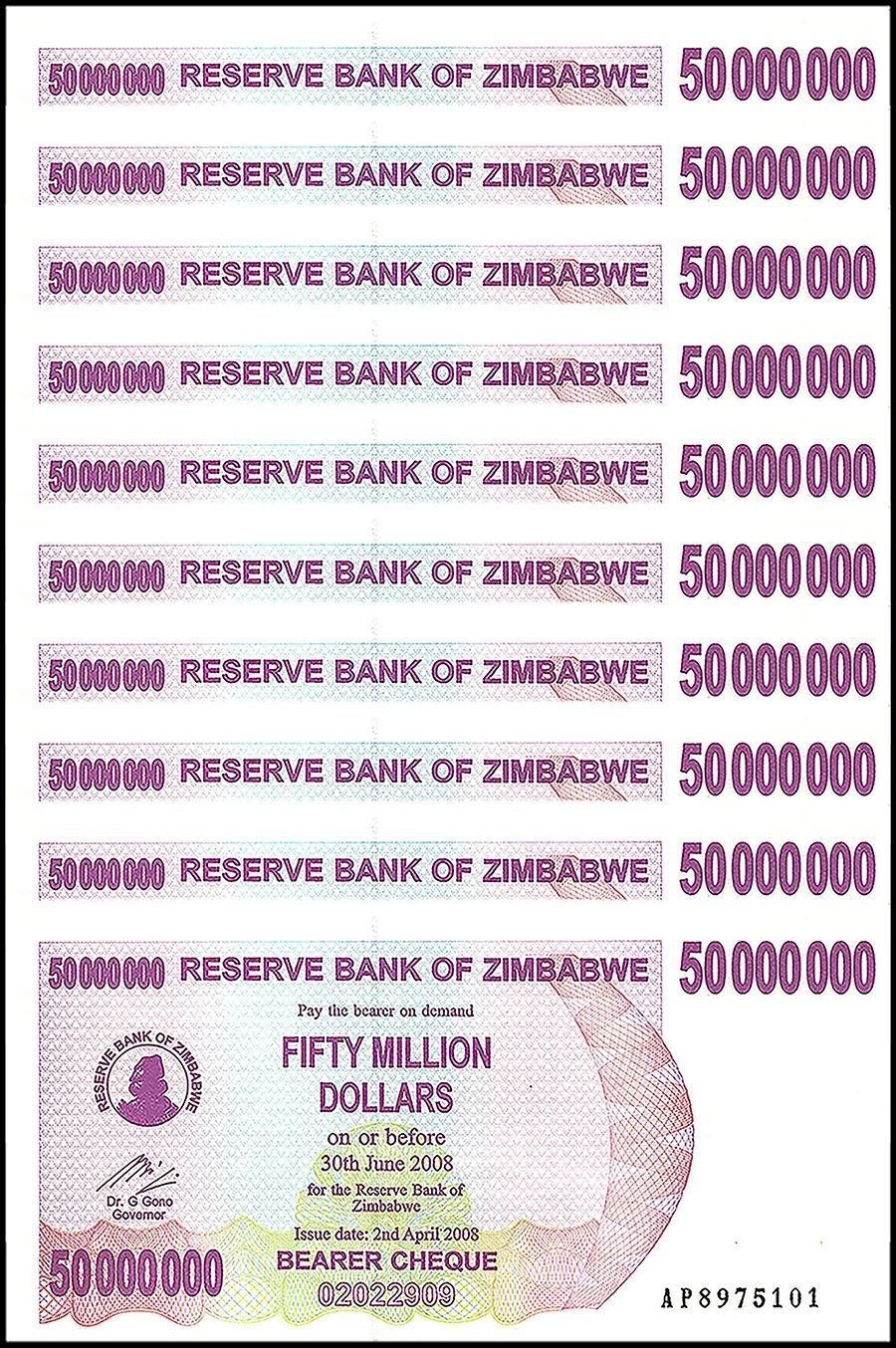 Zimbabwe 50 Million Dollars Bearer Cheque X 10 Pieces (PCS), 2008, P-57 ...