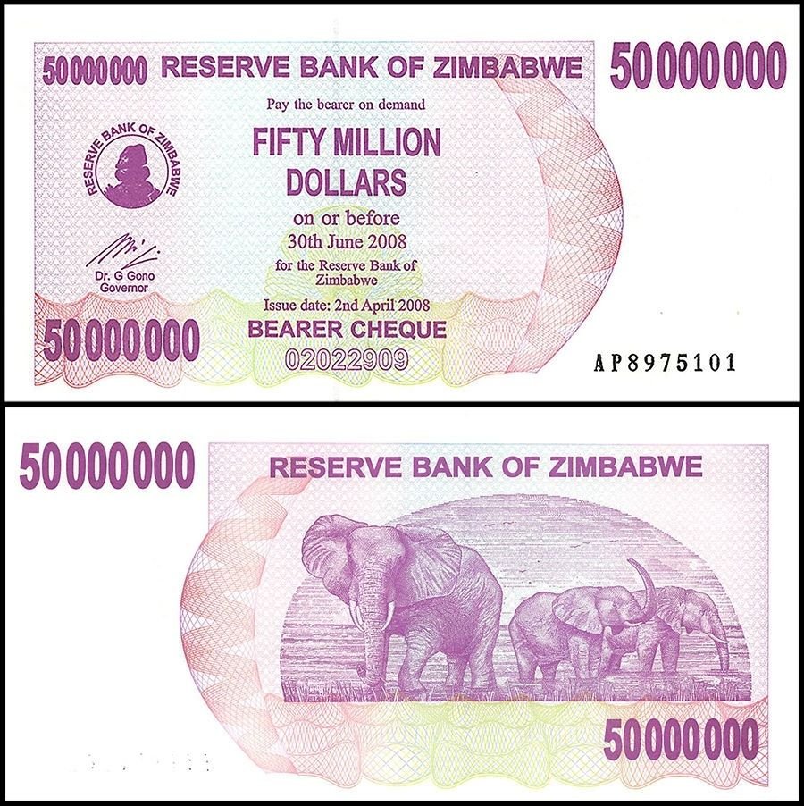 Zimbabwe 50 Million Dollars Bearer Cheque X 10 Pieces (PCS), 2008, P-57 ...