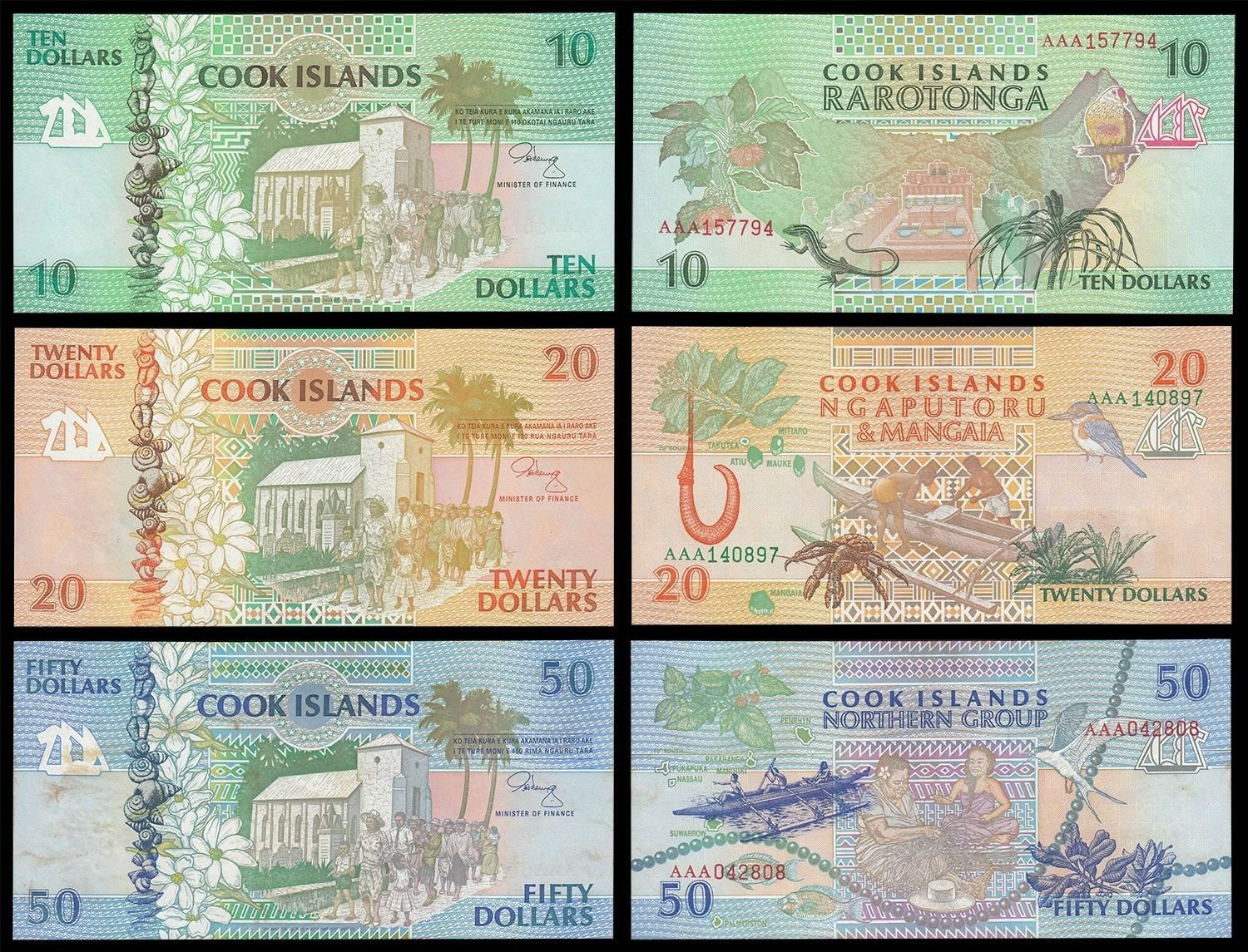 Cook Islands 10,20,50 Dollars 3 Pieces Banknotes Full Set, 1992, P-8,9 ...